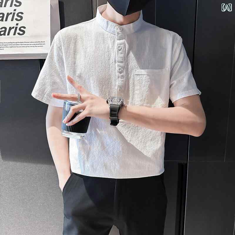 シャツ 男性用 綿麻 半袖 立襟 ハーフボタン 普段使い 部屋着 シンプル