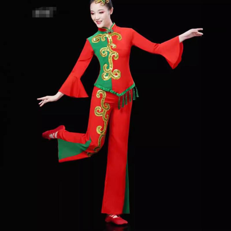 2ダンス衣装 レディース 民族衣装 上下セット 扇子 舞踊服 舞台衣装 コスチューム イベント 腰鼓 広場 秧歌 春夏