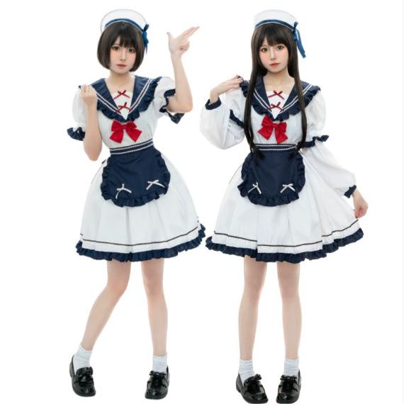 LOLITA 洋装 膝丈スカート プリンセススカート セーラー服風 春夏 学生服 コスチューム 普段着 かわいい・適用场合: 普通舞台装・適用性别: 女・面料名称: 毛混纺・主面料成分: 聚酯纤维・颜色: 長袖, 半袖・尺码: S, M, ...