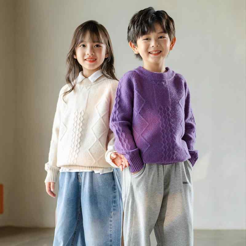 ニット キッズ 子供 男女兼用 丸首 ウール セーター 厚手 無地 リラックス ゆったり 秋冬