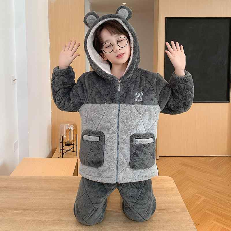 パジャマ キッズ 男の子 子供 冬用 厚手 三層 あったか フード付き コーラル ベルベット 部屋着 ルームウェア 上下セット