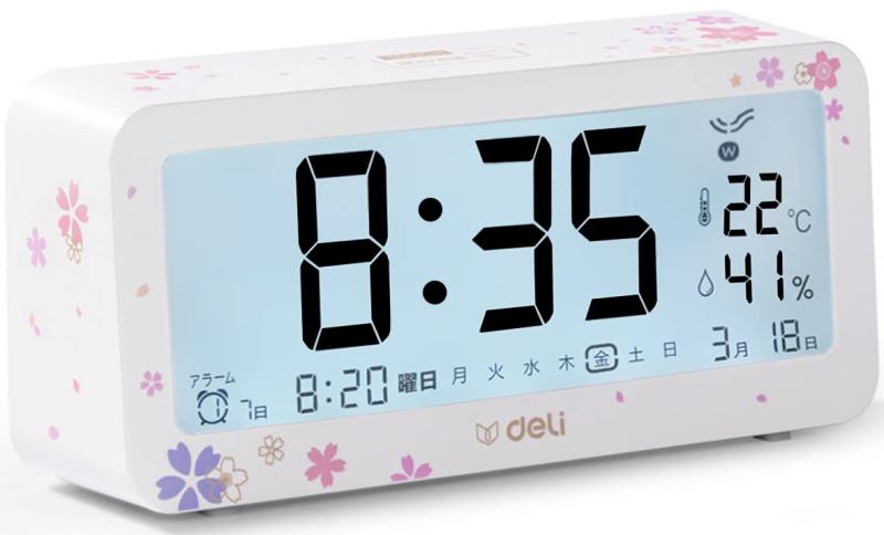 Deli 目覚まし時計 電波時計 電池同梱 大きな文字 明るくソフトなLCDディスプレイ 温度計・湿度計付き 3セットの目覚まし時間設定 ファッショナブルな外観 置き時計【メーカー2年長期】パッケージ内電池同梱,使用中の問題が発生した場合は...