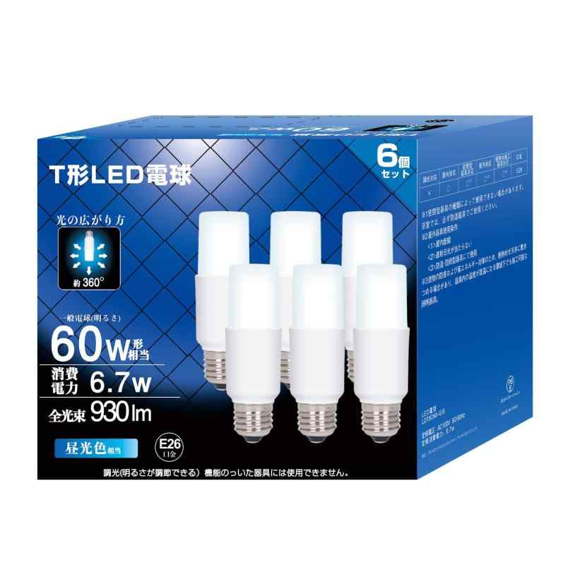 LED電球 T形タイプ 口金直径26mm 電球 60W形相当 6.7W 電球色相当 EFD25・EFD15形代替推奨 高演色Ra86 一般電球・T形タイプ 密閉器具対応 断熱材施工器具対応 風呂場 キッチン PSE認証 6個セット製品仕様 ...