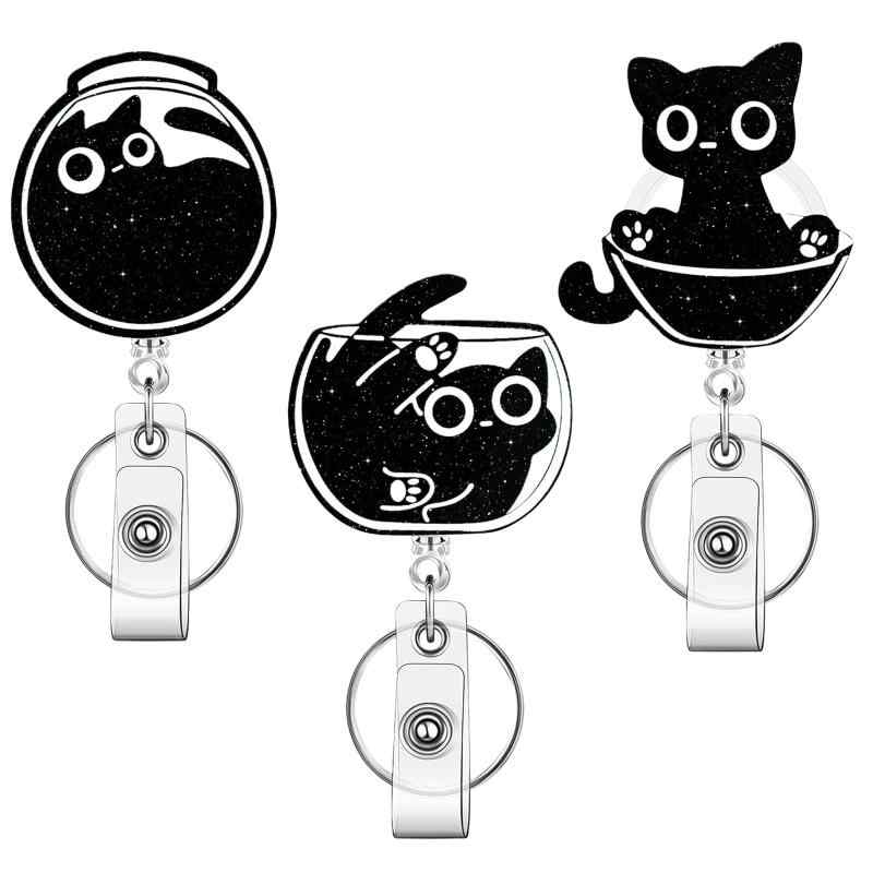 [Wonninek] 猫 リールクリップ 名札 可愛い 3個セット アクリル製 ネームホルダー カードホルダー クリップ リール キーホルダー 吊り下げ 黒猫 伸縮【魅力的な黒猫デザイン】3個セット全てが個性的な黒猫モチーフのデザイン。シン...