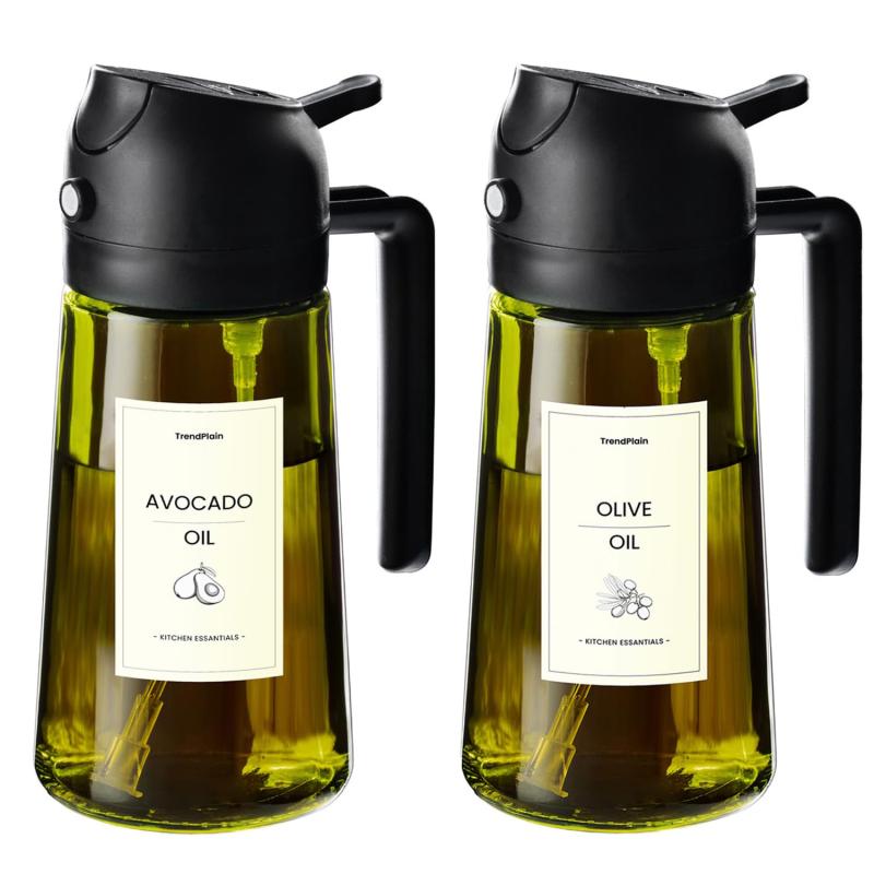TrendPlain 470ml オイルスプレー 料理用 - 2in1 油 スプレー ボトル＆ディスペンサー 遮光・貼付けシール付き キッチンガジェット エアフライヤー サラダ バーベキュー用BPAフリー＆安全設計： 高品質な耐熱ガラスを使...