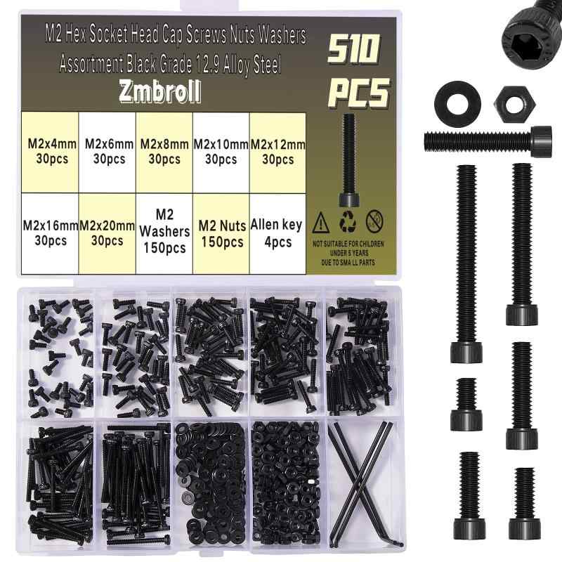 Zmbroll 510個 M2 ソケット キャップ ネジ メトリック 六角ボルト ナット ワッシャー 12.9 グレード 合金鋼 ネジ 六角穴付きヘッド キャップ 小型機械ねじキット レンチキー付き標準メトリック六角ソケットネジ:外装仕上げ...