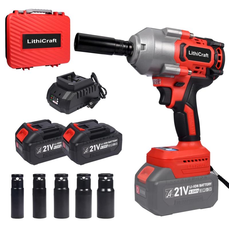LithiCraft 21V ブラシレスヘビーデューティワイヤレスインパクトレンチ、1/2インチ角、1000Nmピークトルク、4.0Ahバッテリー2個＆5点ソケットセット付属、自動車タイヤ修理に最適1000Nmの猛烈なトルク：高性能ブラシレ...