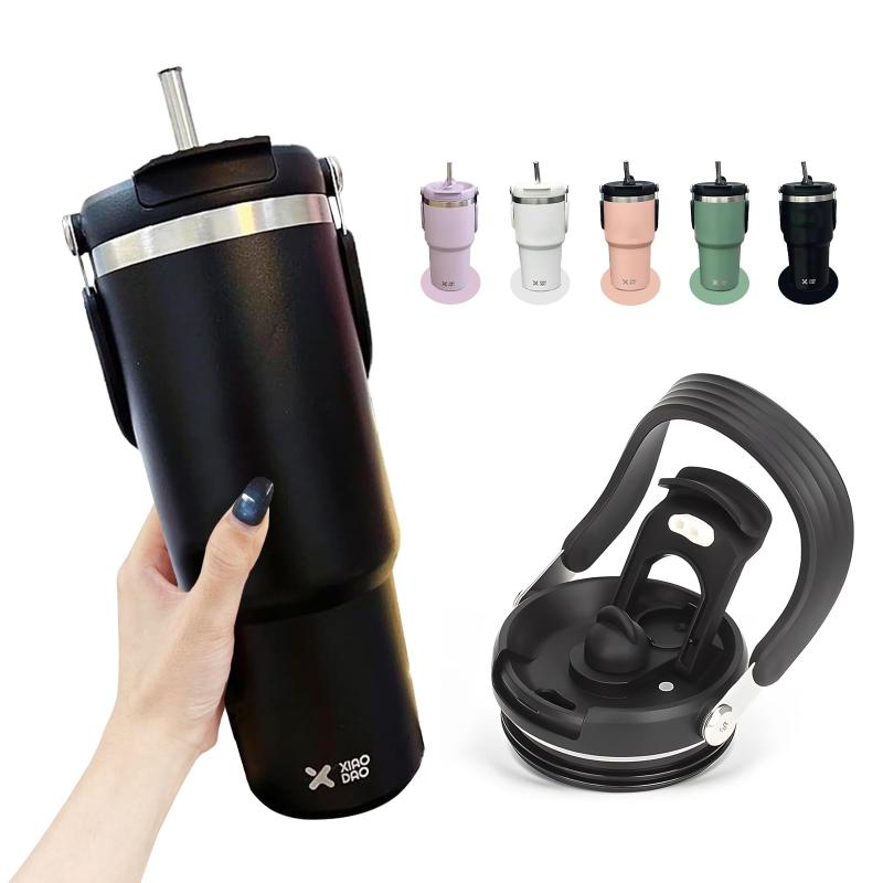 タンブラー こぼれない ストロー付き 600ml / 900ml 水筒 ウォーターボトル 真空断熱 保温 保冷 ステンレスボトル 広口 直飲み 蓋付き アウトドア 取っ手付き 持ち運び こぼれない 二重構造 ア【大容量＆マルチシーン対応】タ...