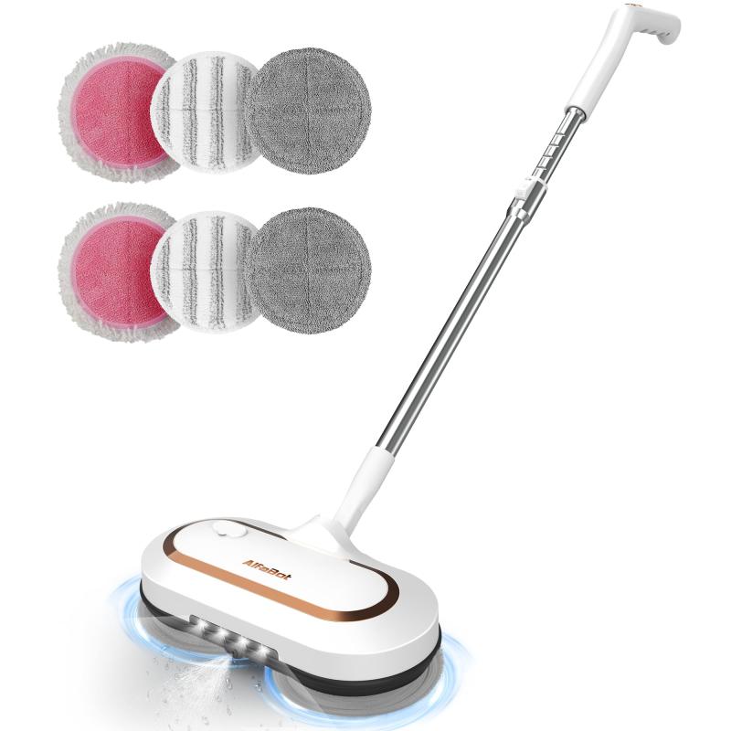 AlfaBot 電動モップ 回転モップクリーナー 水噴射 LED搭載 拭き掃除 水拭き 長さ調整可能 床拭き 充電式 多角度転換 自立式 パッド6枚入り (S2)【ダブル回転ヘッド&amp;回転速度が大幅にアップ】AlfaBot S2 電動...