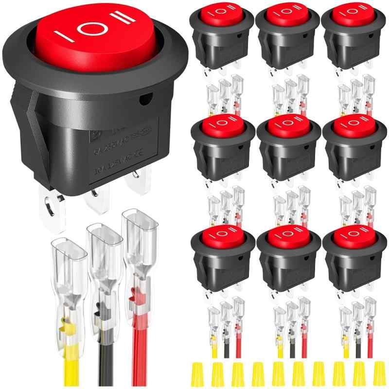 MKBKLLJY 10個入り 2方向ラウンドロッカースイッチ 12V 3ピン 3ポジション ON/OFF/ON 6A/250V AC 10A/125V DC SPDT 20mm 赤色円形トグルスイッチ 自動車、船舶、家庭用電化製品用端子線付...