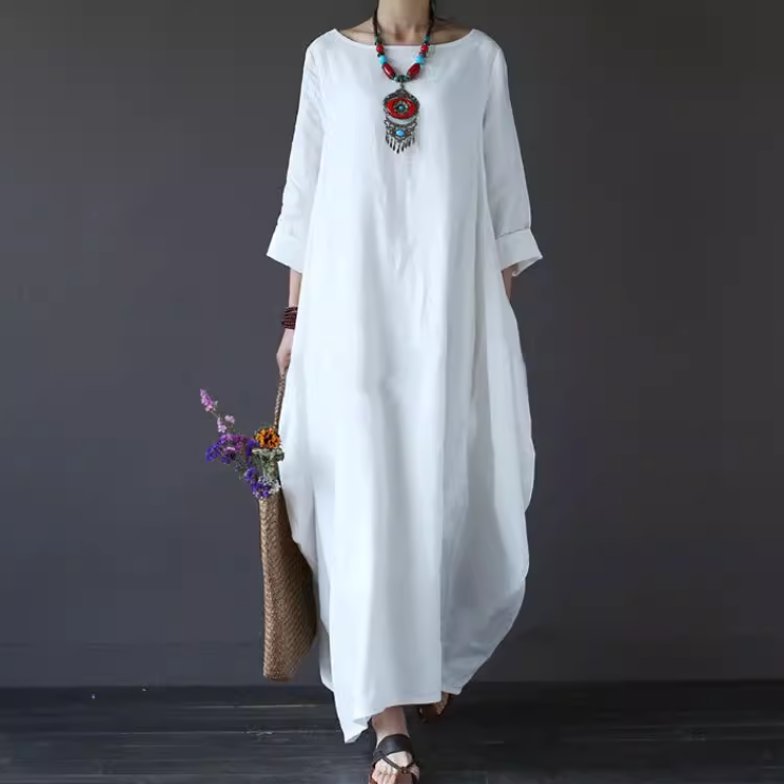 7分袖の綿とリネンのロングワンピースドレスゆったりとしたデザインで体型をカバーしながら女性らしい華やかさを引き立てます色展開 ホワイト レッド グリーン ブルー ブラックサイズ L XL 2XL 3XL 4XL 5XLサイズ(cm)L /着...