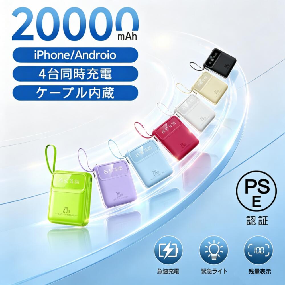 製品仕様 型番：QU-A01 サイズ：89.6*79*27MM 重さ：約200g バッテリ容量：20000mAh 入力電圧/電流：DC5V/2.1A 出慮k電圧/電流：DC5V/2.1A カラー：ブラック・ベージュ・ブルー・パープル・レッド...