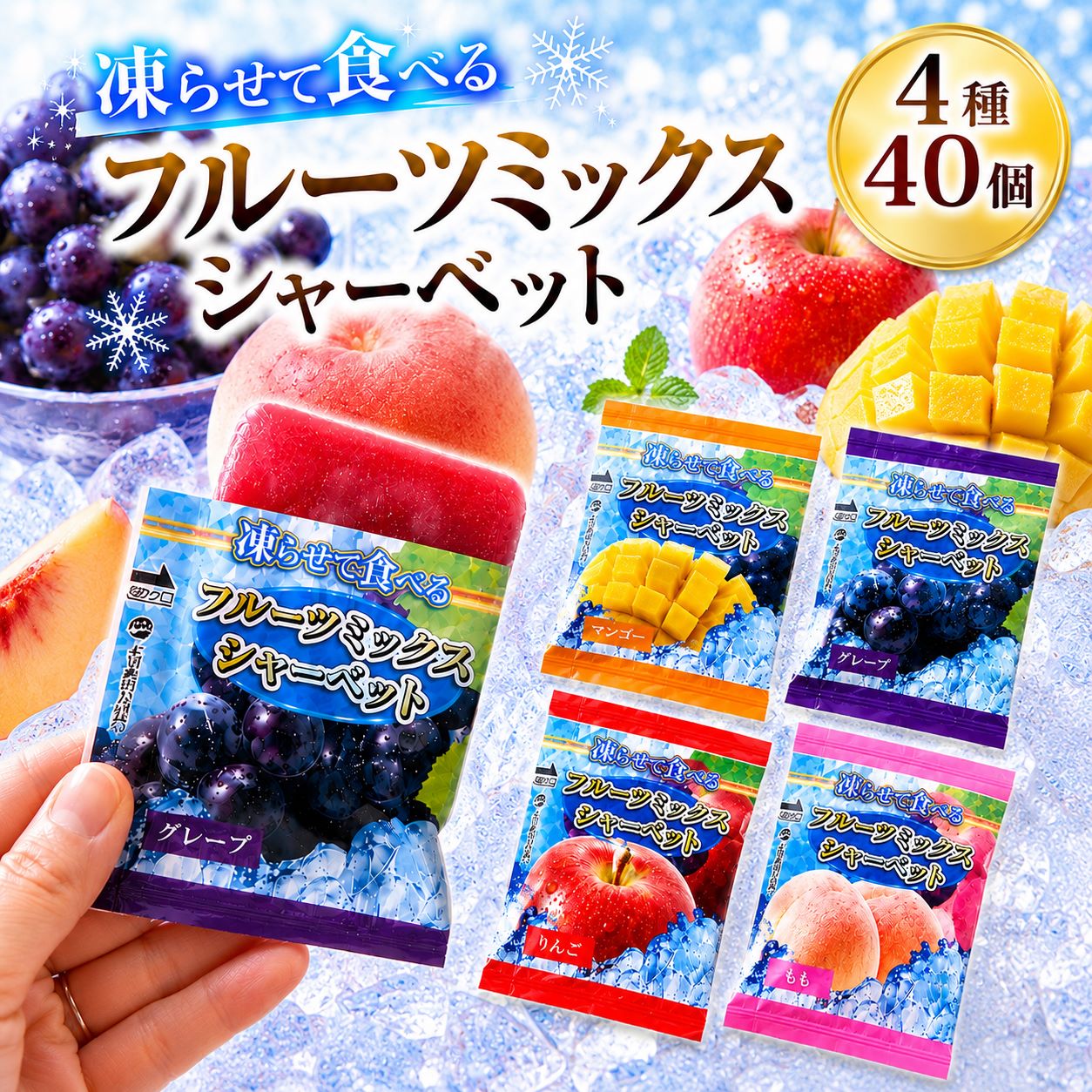 商品情報フルーツミックスシャーベット凍らせて食べるシャリシャリ食感のジューシーなシャーベットが季節限定で新発売！人気のフルーツ4種アソート。大容量でお子様から大人までみんなで楽しめます。フレーバー4種アソート (グレープ・ピーチ・アップル・...