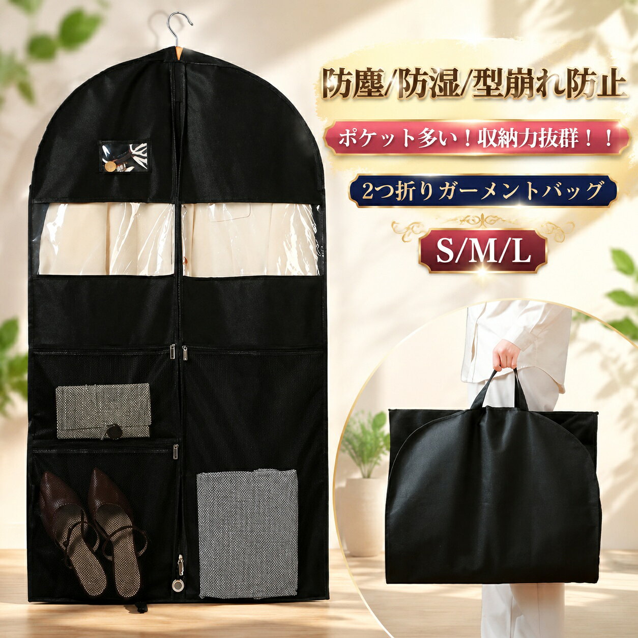 防塵/防湿/型崩れ防止ポケット多い！収納力抜群！！2つ折りガーメントバッグS/M/L■収納に便利な4つのポケット1.大サイズ（インナーの収納に）2.小サイズ（バッグやふくさの収納に）3.中サイズ（靴の収納に）4.極小サイズ（小物の収納に）■...