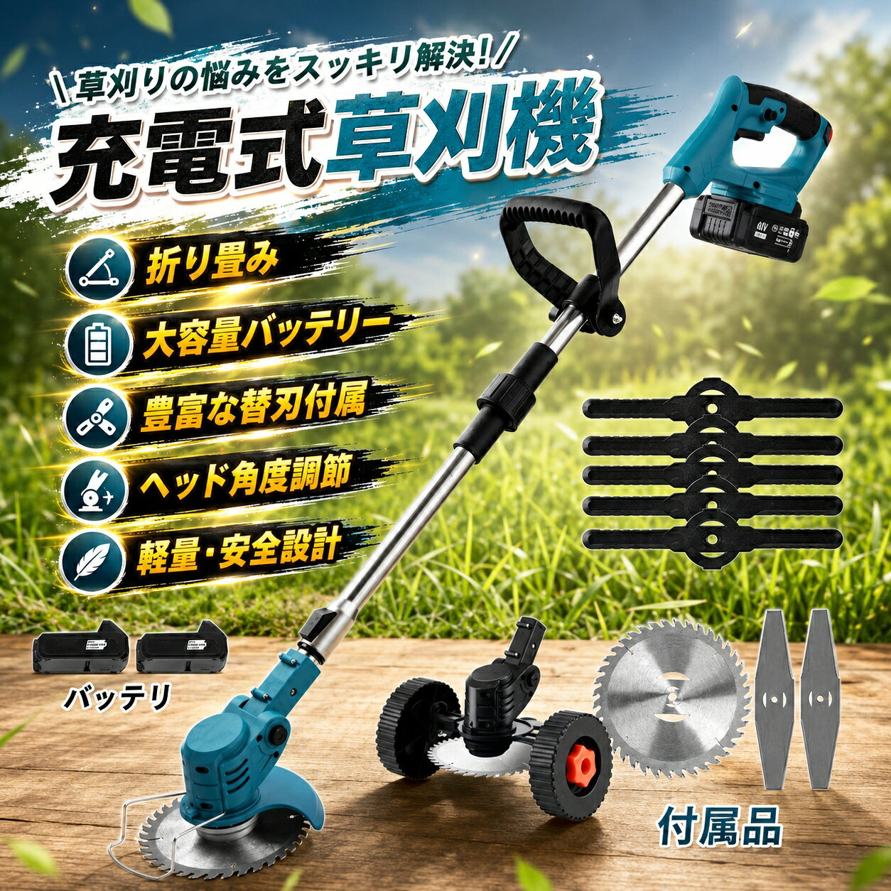 製品情報：製品名: リチウム電池式草刈機無負荷回転数: 18000回転/分製品重量: 約2.6KG機械の長さ: 110-138CM刃の長さ: 約15CM製品材質: アルミニウムパイプ、プラスチック◆コードレス草刈機はどこでも気軽に使えます！...