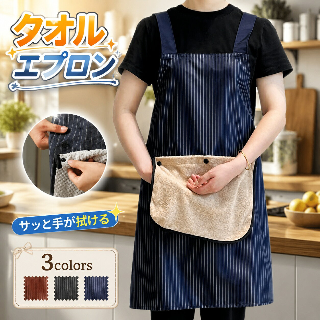 ●【新製品デザイン】革新的なふきんエプロンは、エプロンとふきんが一体に 2-in-1となったツーインワンデザイン。いつでも清潔にお使いいただけます。ふきんはボタン一つで簡単に取り外しでき、お手入れも簡単です。●【高品質素材】通気性に優れ、蒸...