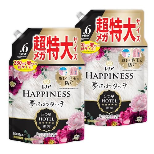 パッケージ：マルチカラー/詰め替え 1900mL×2袋/4904740674360・パッケージ個数:1・新レノアハピネス夢ふわタッチは、洗濯するたび気になる衣類のダメージまで防ぐ。Tシャツの首元のヨレやニットの毛玉を防いで*、5つ星ホテルも...