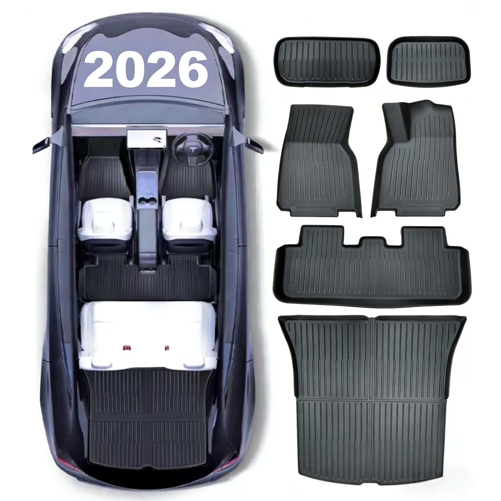 前部座席、後部座席、フロントトランク（フランク）、トランクの実物写真テスラ Model Y 2025 2026年式 フロアマットは、テスラのドライバーに最も適したフロアマットの作成に取り組んでいます.このため、高強度TPE素材を使用し、新型...