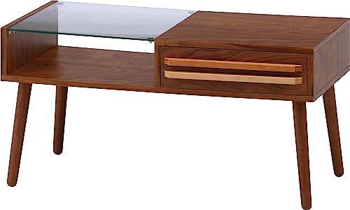 ローテーブル 収納ケース付きミディアムブラウン/ガラス/幅80cm/10034・Size:幅80cmColor:ミディアムブラウン/ガラスPatternName:引き出し付き・パッケージ個数:1・引き出しがアクセントのディスプレイセンターテ...