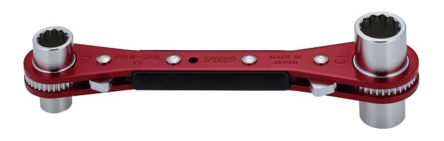 ディープレッド/-/PRW-3HL・全長:146.5mm・重量:145g・対辺寸法:8mm、10mm、12mm、13mm・材質:アルミ合金/Cr-V・生産国:日本【特長】 1丁で4サイズに対応します。 ギア数が36枚ギアで細かい作業が可能に...