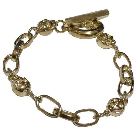 ウォレットチェーン、キーチェーン同様のチェーンと3Dスカル4つを繋げた、チェーンブレスレットです。 925 SILVER(￥70,000＋税)で作成することも可能です。お問い合せください。 COLOR ANTIQUE GOLD なるべく実物...