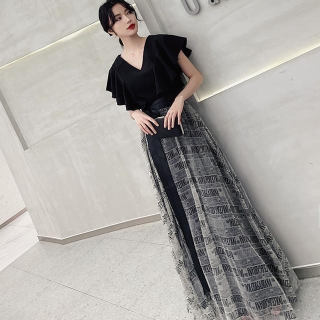 パーティードレス ロング 黒 半袖 おしゃれ かっこいい 結婚式 お呼ばれ ドレス ロングドレス 演奏会 発表会 大きいサイズ フォーマル 個性的 二の腕カバー バイカラー きれいめ クール フレンチスリーブ フレア Vネック Aライン 2...