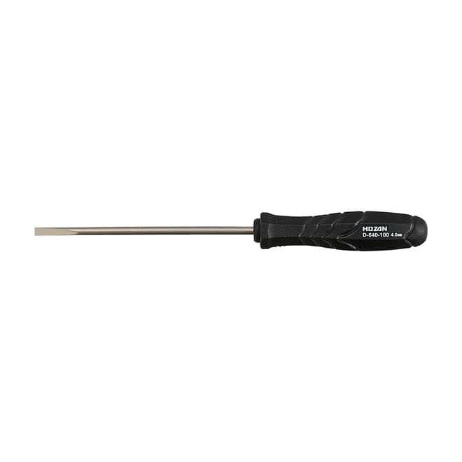 先端サイズ：-4.0X0.45 全長：178mm 軸長：100mm 軸径：4.0mmΦ ハンドル径：19.8mmΦ 重量：25g 注意：ドライバーはネジをまわす目的で作られています。この目的以外には使用しないでください。電気が流れている個所...