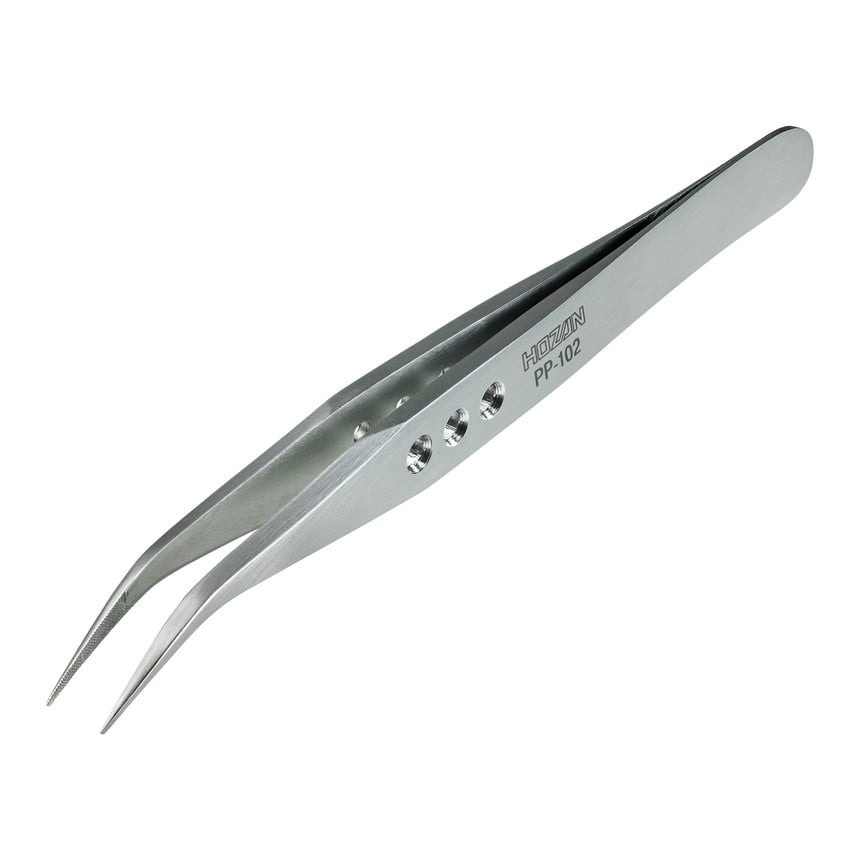 板厚2.8mm 強力型ピンセットのハイグレードシリーズ 先端ローレット付きで、保持力を強化。 熱処理を施した強靭な素材を使用し、先端まで厚みを残すことで過酷な使用でも曲がりにくい強度を実現。 プライヤーのように強くつかんでこじる作業も行えま...