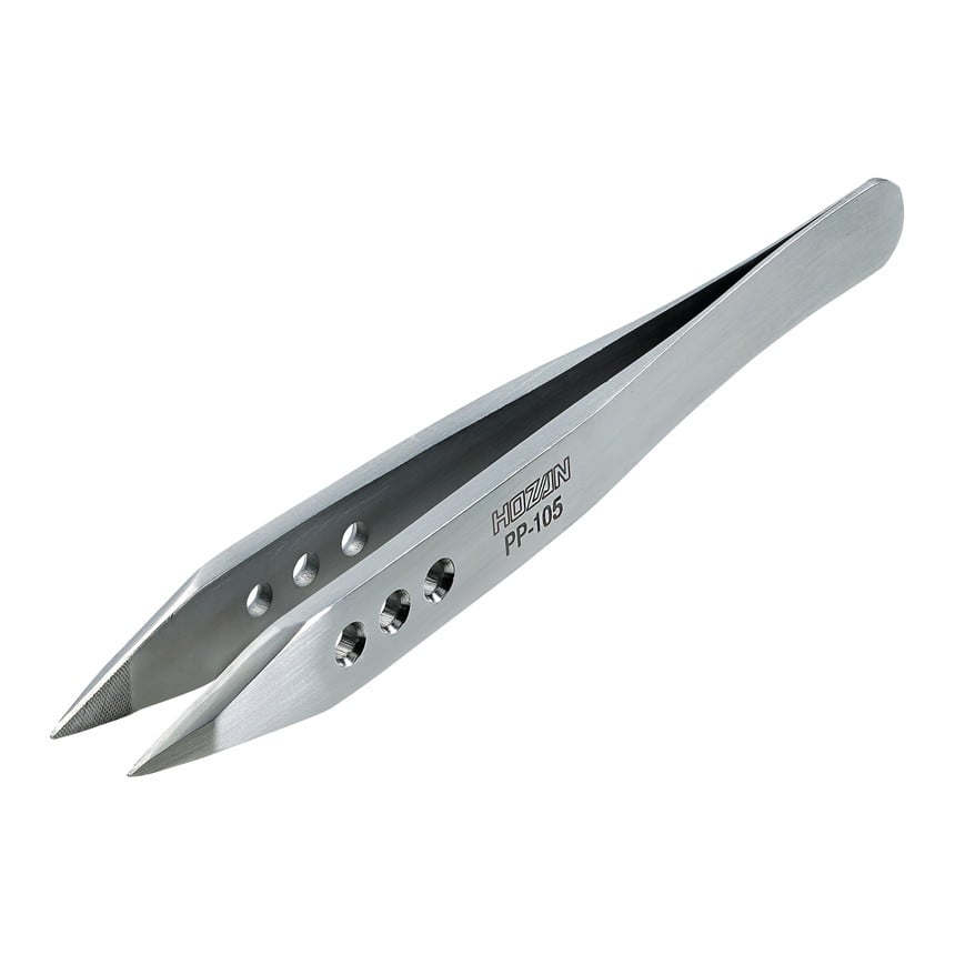 板厚2.5mm 強力型ピンセットの特殊形状シリーズ 対象物をしっかりとつかめる頑強ボディー。 材質：ステンレス（SUS420J2） 重量：25g 全長：110mm 板厚：2.5mm 先端幅：0.5mm メーカー：ホーザン株式会社(HOZAN)