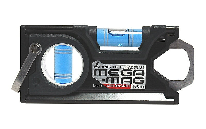 ハンディレベル MEGA-MAG 品名：100mm 黒 マグネット付 本体サイズ：50x30mm 質量：130g 特徴 ●吸着力3倍(当社比)のヨーク付ネオジム磁石採用で単管を叩いてもズレません。 ●両端ステンフック付で高所作業に安全な落下...