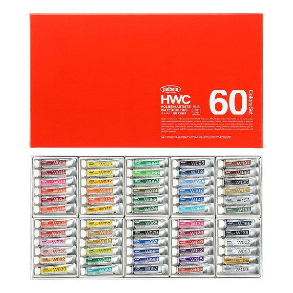W411 ホルベイン 透明水彩絵具2号 60色セット 《透明水彩絵具とは》 顔料とアラビアゴムのメディウムから作られています。透明感があり、とても発色のよい専門家用水彩絵具です。 《特徴》 ■高濃度 水を加えて幅広い色の変化が活用できます。...