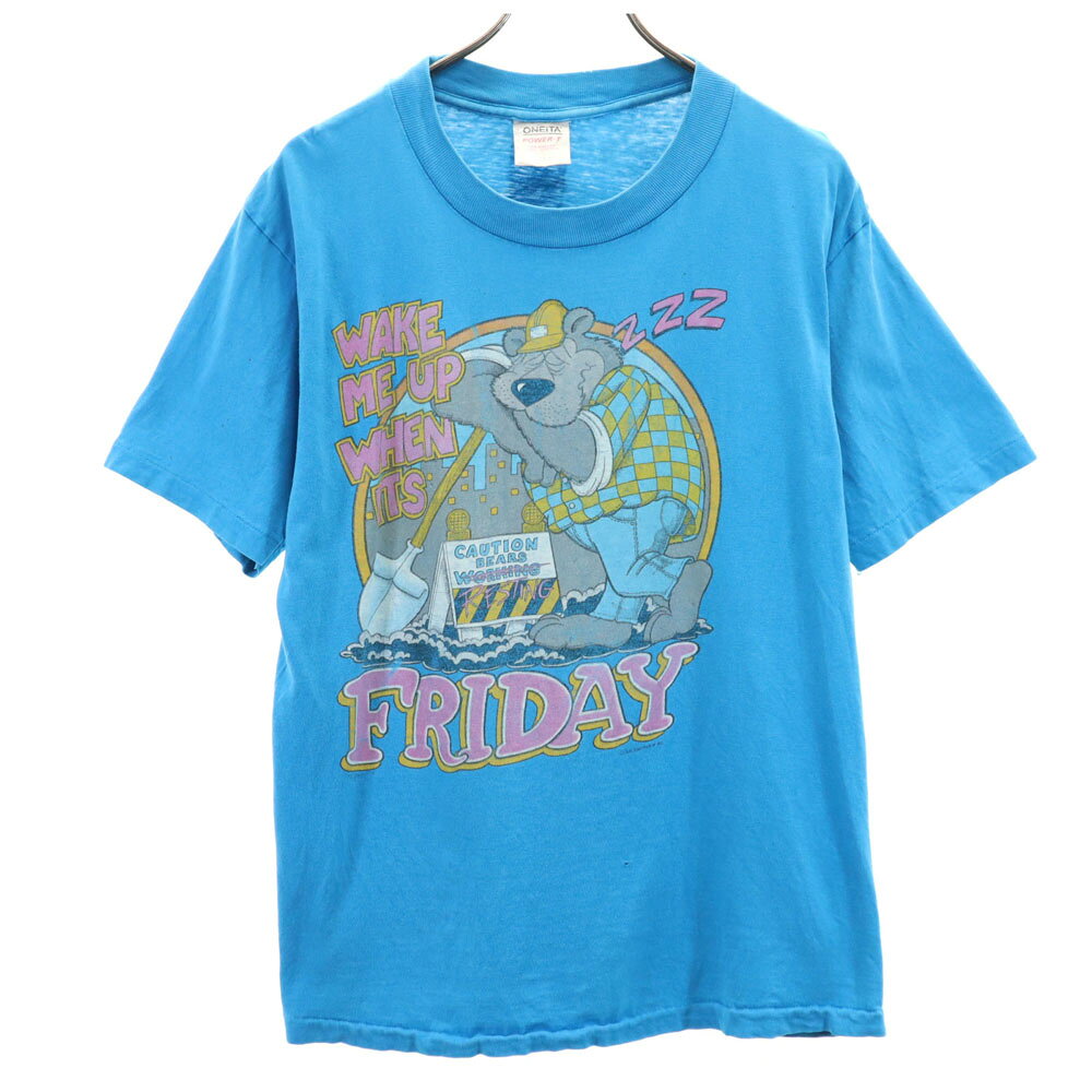 オニータ 90s USA製 オールド 半袖 Tシャツ L 水色 ONEITA POWER-T メンズ 【詳細】90年前後のオールドのプリントTシャツになります。全体的にスレや色褪せあり。所々に汚れ、首周りに破れ、前後に穴あり。古着にご理解の...