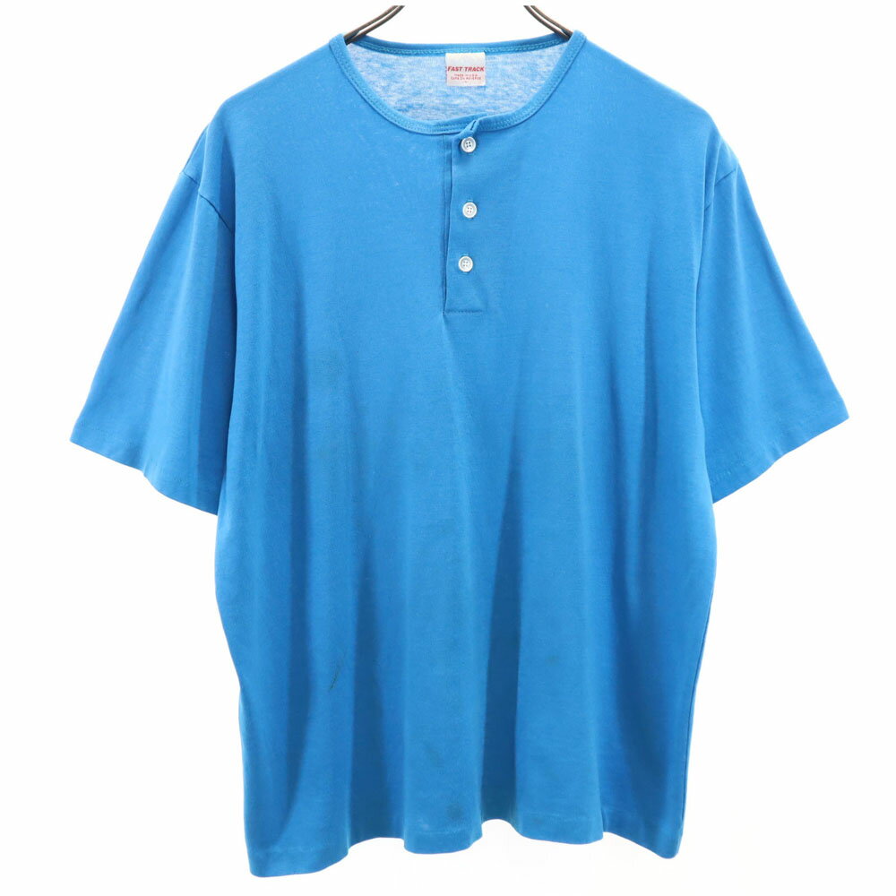 FAST TRACK 90s USA製 オールド 半袖 ヘンリーネック Tシャツ L ブルー FAST TRACK メンズ 【詳細】90年代のオールドのヘンリーネックシャツになります。前身頃全体的や首周りにシミ汚れ、後ろ右袖口にリペアのよう...