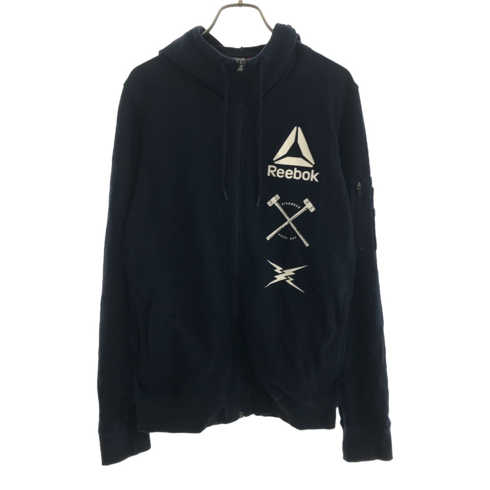 リーボック プリント 長袖 ジップパーカー M ネイビー Reebok メンズ 【中古】 【240315】 【詳細】左袖にポケットがあります。全体的に薄っすらと汚れ、所々に若干の毛玉があります。着用感がございますが、古着にご理解の上ご購入を...
