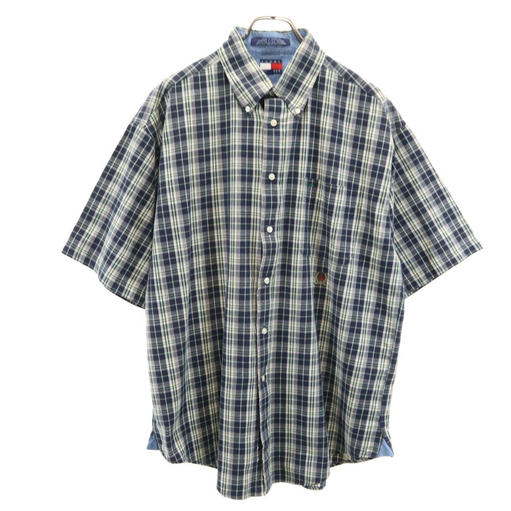 トミーヒルフィガー 90s オールド フラッグタグ チェック 半袖 ボタンダウンシャツ L ネイビー系 TOMMY HILFIGER メンズ 【中古】 【240330】 【PD】 【詳細】90年代のオールドのトミーになります。首周りに擦れ、...