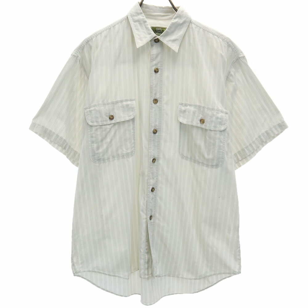 ユニクロ オールド ユニーククロージングウェアストアー ストライプ柄 半袖 シャツ L グリーン系 UNIQLO メンズ 【詳細】全体的に色褪せ感、左脇や他所々にシミ汚れ、腹部左に傷あり。破れ等の目立ったダメージはございませんが、古着にご理...