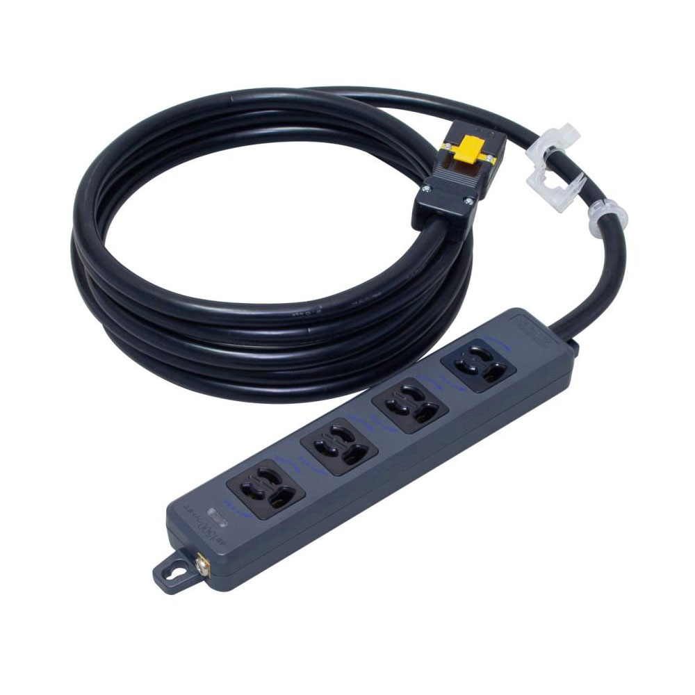 M.K.S. 横形OA用抜け止め接地タップ4コ口パイロットランプ、マグネット付 VCT3m ハーネスプラグ付 （外郭・蓋中駒・ハーネスプラグ・ケーブル:黒） JANコード 4990848072368 オフィスの新築、改修等、舞台や劇場等の撮...