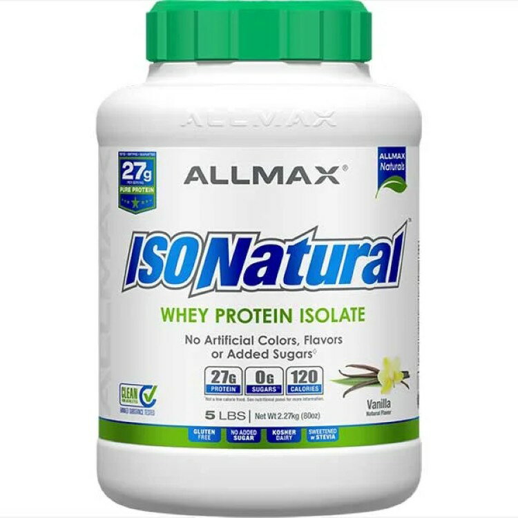 ALLMAX IsoNaturalは、1杯あたりホエイプロテインアイソレートを27g配合した、ナチュラル志向のプロテインパウダーです。砂糖ゼロ、脂質ゼロ、99％ラクトースフリー仕様で、人工甘味料・人工香料・人工着色料を使用せず、毎日のたんぱ...