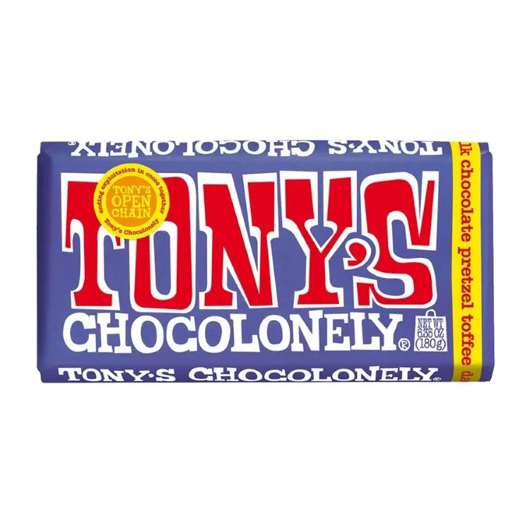 プレッツェル美味しい！トフィーぜひ！ダークミルクチョコレートまさか！サクサクのプレッツェルと甘いトフィーの食感をカカオ42%のダークミルクチョコレートで包み、紫色の包装で包めば、ファン垂涎のフレーバーが完成です！