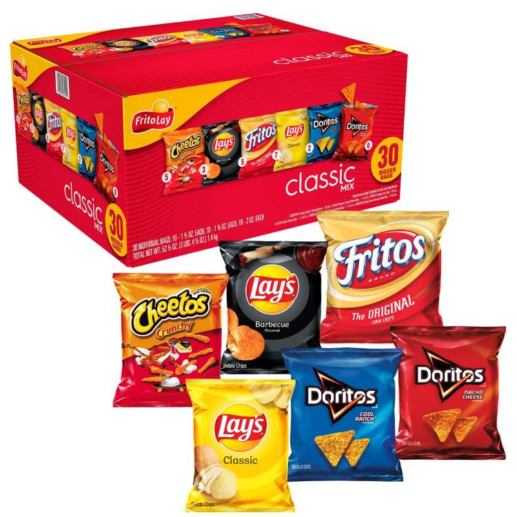 製品ラインナップ: 8-ドリトス ナチョチーズ（1.75オンス） 7-レイズ クラシック ポテトチップス (1.5 オンス) チートス クランチー 5個（2オンス） フリトスコーンチップス5枚（2オンス） 3-Lay's KC マスターピー...