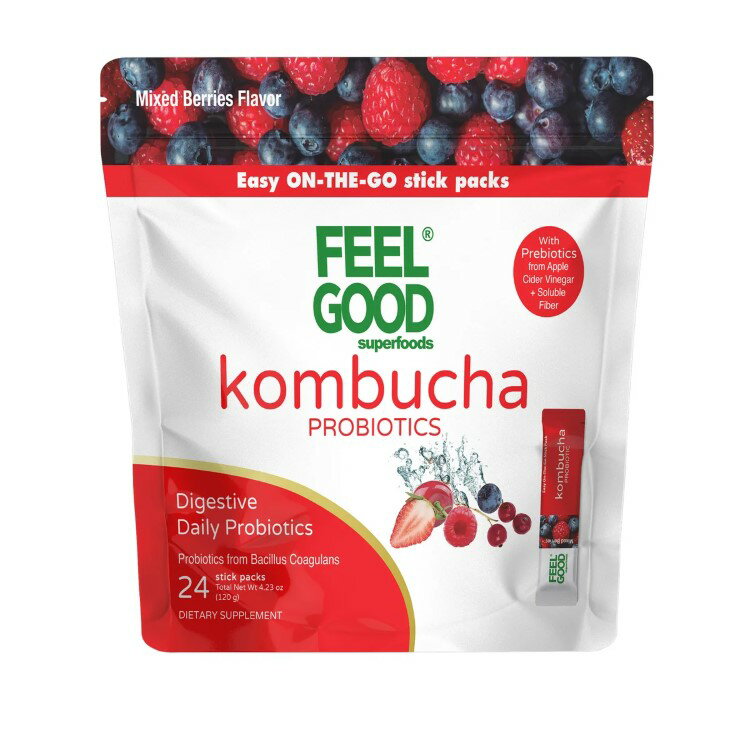 おいしいコンブチャ プロバイオティクス ティー ドリンク FeelGood Superfoods コンブチャ プロバイオティクス スティック パックなら、外出先でも簡単に混ぜてコンブチャ ティー ドリンクをお楽しみいただけます。1 回分ずつ...