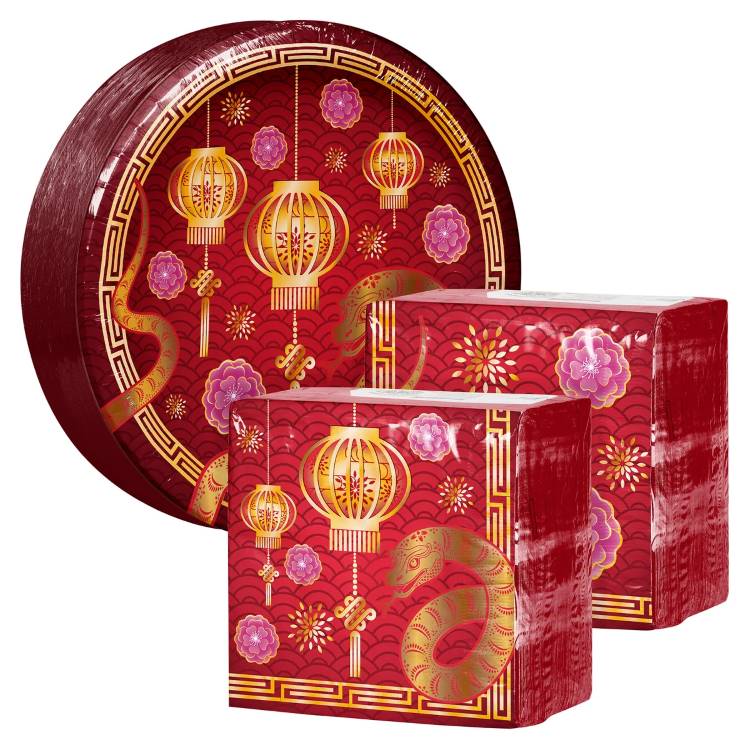 この見事な 200 枚入りの旧正月プレートとナプキン パーティー用品キットで、蛇年の優雅さと神秘性を祝いましょう。このキットは、お祭りに洗練された雰囲気を添えるのに最適です。知恵と再生を象徴する複雑な蛇とランタンのモチーフで飾られた美しくデ...