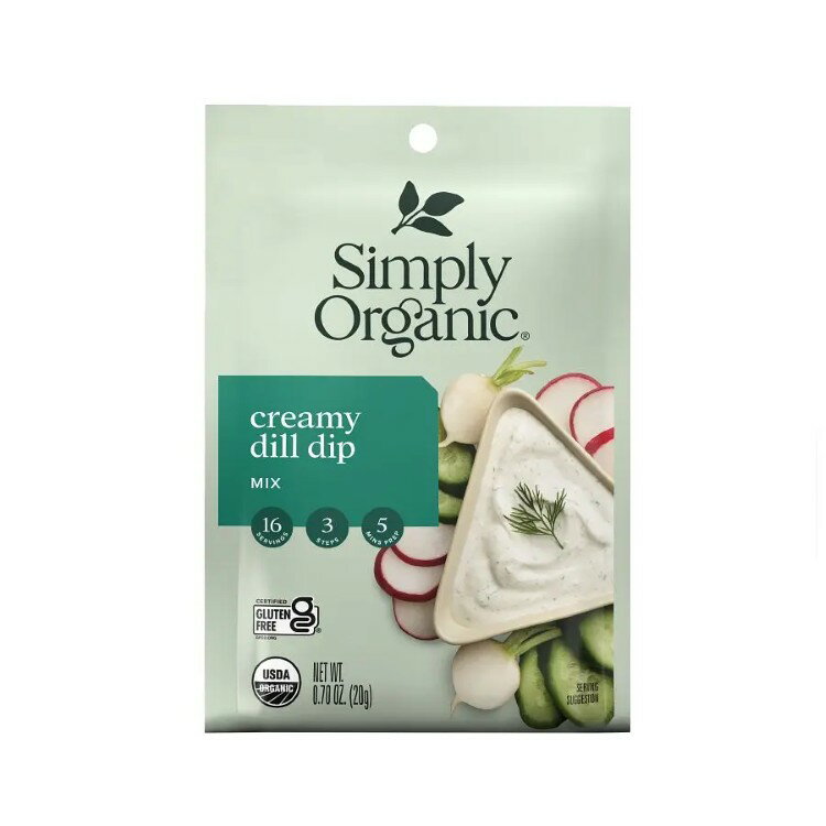Simply Organicクリーミーディルディップミックスは、オーガニックディル、セロリシード、ニンニク、オニオンのフレッシュで豊かな風味が特徴です。サワークリームと混ぜるだけで、すぐに美味しいディップが出来上がります。