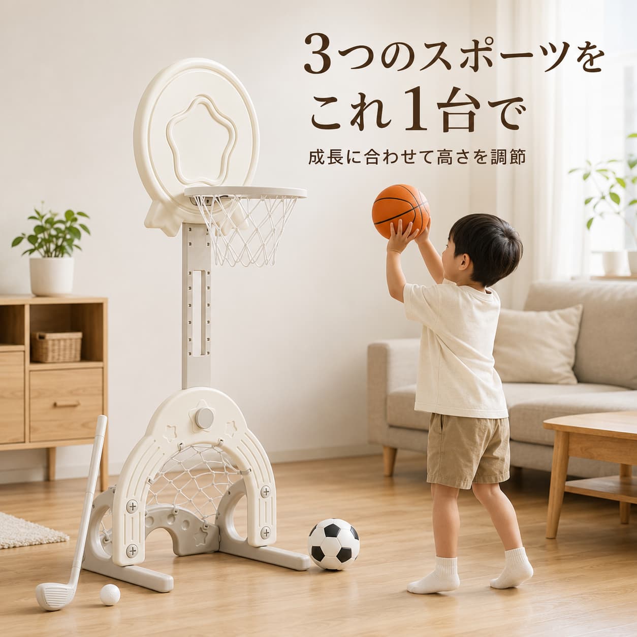商品概要 バスケットボール、サッカー、ゴルフの3種類のボール遊びを楽しめる、子供用3in1スポーツおもちゃです。 バスケットゴールの高さは約62～117cmの範囲で無段階に調節できます。 室内・屋外の両方で使用でき、親子遊びやおうちでの運動...