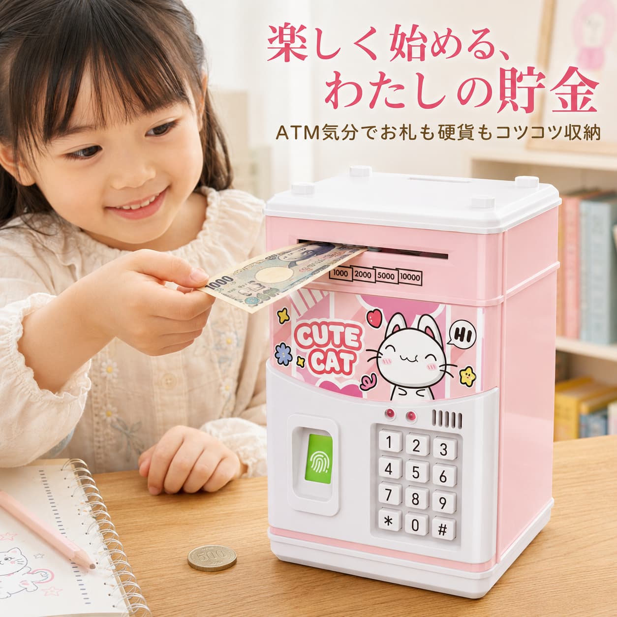 商品概要 お札の自動巻き取り、コイン投入口、4桁暗証番号、音楽機能を備えた子供用電子貯金箱です。 ATMや金庫をイメージした操作を楽しみながら、おこづかいや硬貨を保管できます。 猫、うさぎ、恐竜、宇宙飛行士の4種類からお選びいただけます。 ...