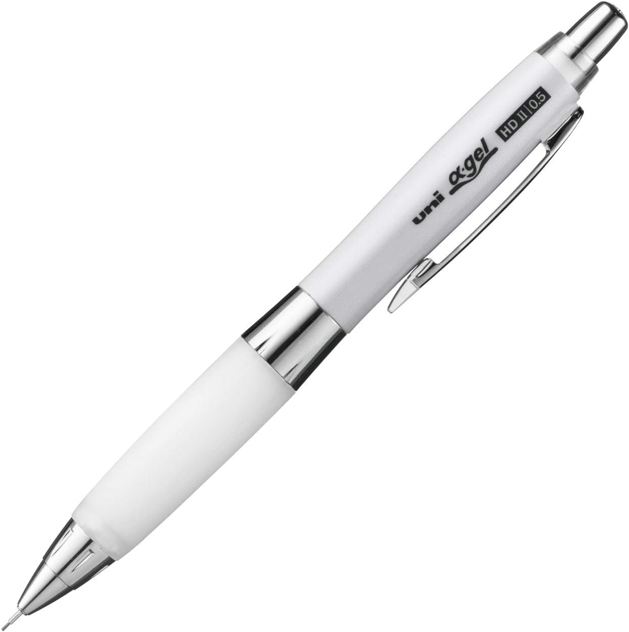 衝撃吸収ゲルグリップ搭載　シャープペン　ユニアルファゲル。 かためタイプ。0.5mm。振ると芯が出る、シャカシャカ機構搭載モデル。 抜群のフィット感。グリップが個々の持ち方に合わせてフィットする、握りやすくて、疲れにくいグリップ。 抜群の握...