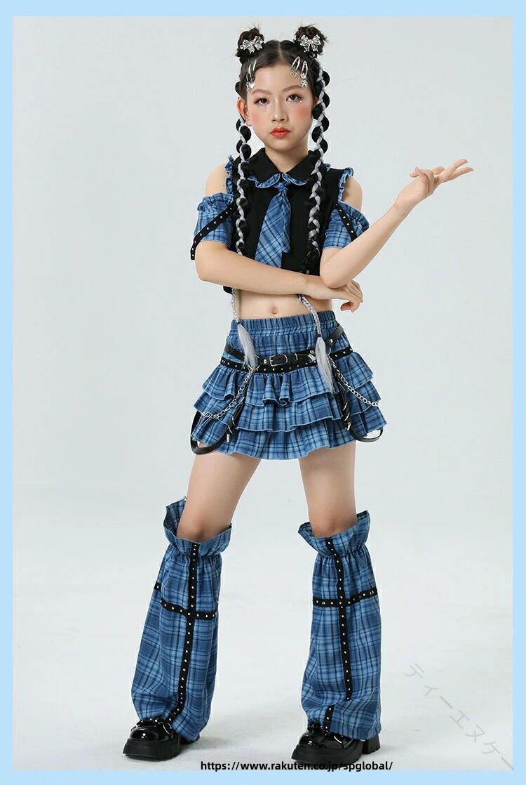 【原産国／製造国: 中国】 .青 k-pop 衣装 キッズ ダンス 衣装 セットアップ チェック柄 へそ出し 半袖 スカート 足カバー ネクタイ トップス ヒップホップ キッズダンス衣装 子供 演出服 ジャズダンス 女の子 チアダンス衣装 ...