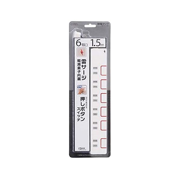 6口1．5mタップ雷PUSHSWブランドオーム（OHM）色モデルHS-K1189W商品説明【商品概要】雷サージ軽減素子内蔵:落雷時のダメージ軽減ホコリ防止シャッター:ほこり侵入・感電事故防止二重被ふくコード:導線を二重被ふくで強度を向上過電...