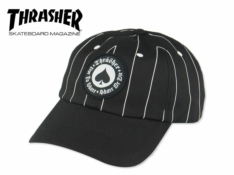 ★コットンツイルを使用した6パネルのロープロスタイル。クラウン部分がピンストライプ生地を使用、フロントにはスペードロゴのサークルワッペンが付いています。 ★サイズ　：　フリーサイズ、 　 ★スラッシャーとは1981年、スケートの街サンフラン...