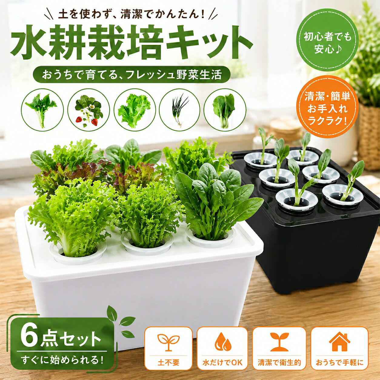 【6点セット】水耕栽培に最適なプランターキットです。室内で簡単に野菜やハーブを育てられます。土を使わないので清潔で虫がわきにくい。水やりも簡単で初心者にもおすすめ。おしゃれなデザインでインテリアとしても楽しめます。サイズについての説明サイズ...